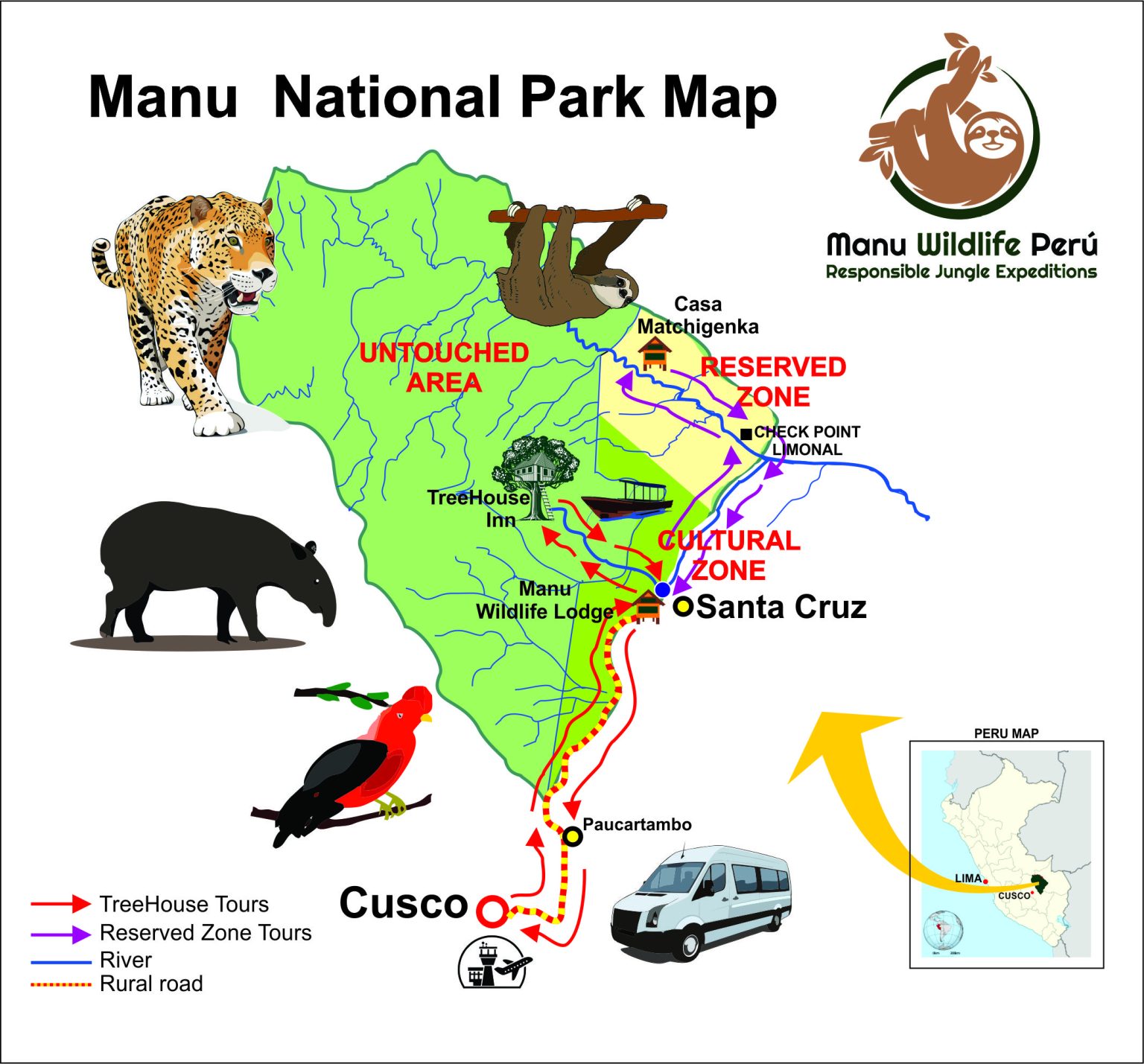 Travel Map - Manu Wildlife Peru - Treehouse Inn